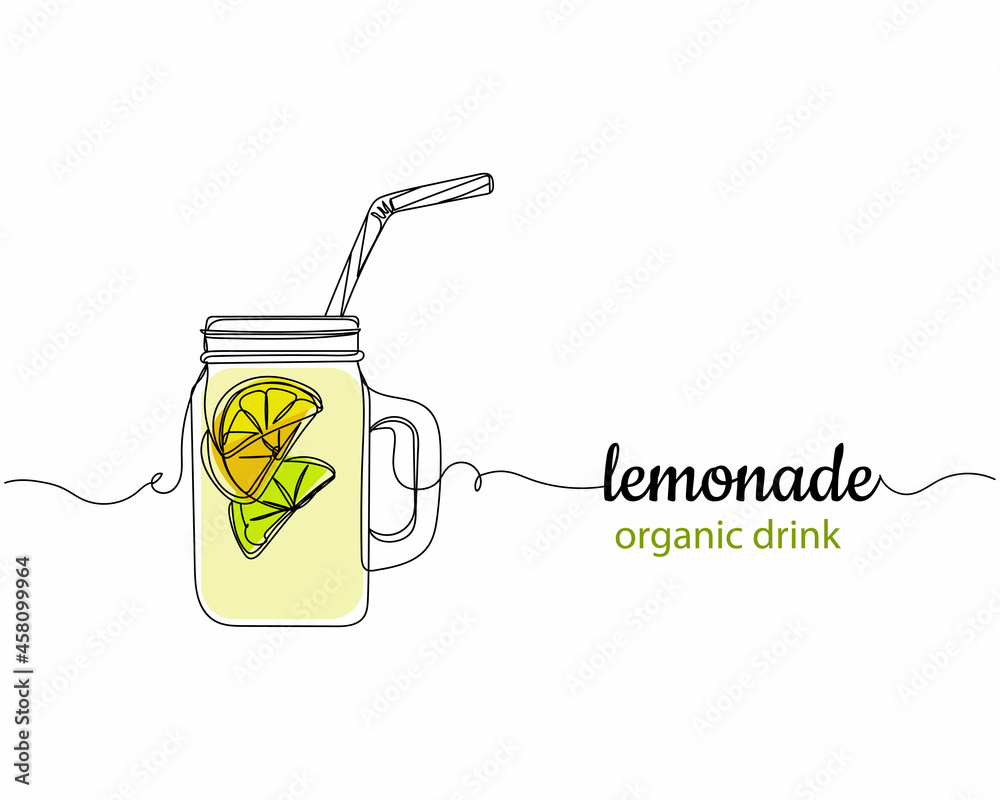Continuous one line drawing of lemonade organic drink in silhouette on ...