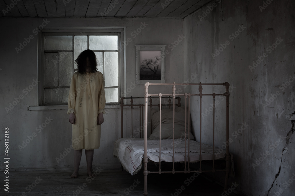 teenage girl in scary locked room, kidnapping, horror movie Stock Photo ...