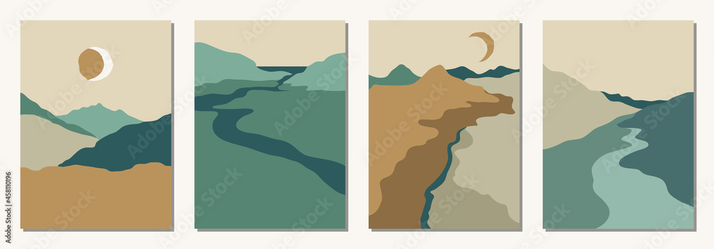 Set of four beautiful vertical abstract minimal landscapes, backgrounds ...