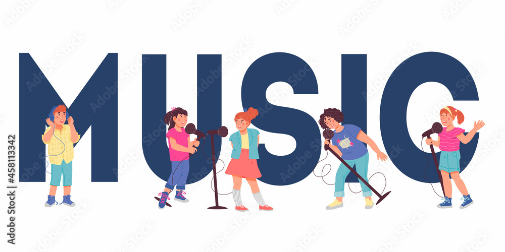 Music huge word with children playing Musical Instruments, flat vector ...