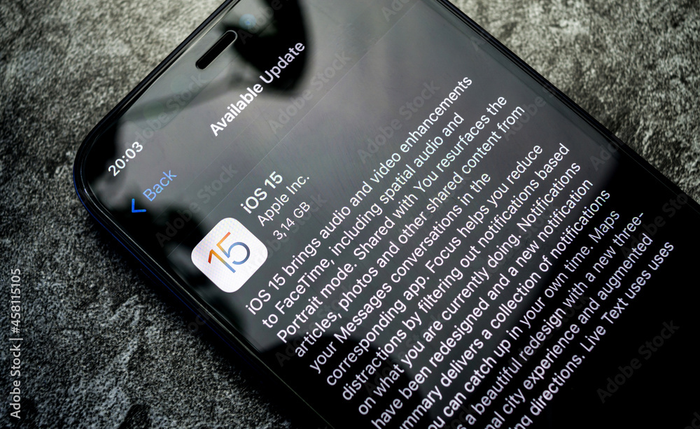 Vienna Austria September 20 2021:iPhone 12 with iOS 15 update screen ...