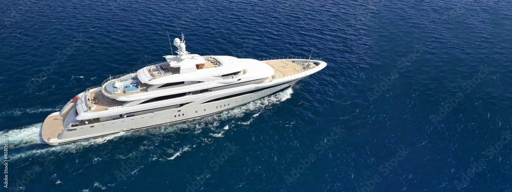 Aerial drone ultra wide panoramic photo of beautiful modern super yacht ...
