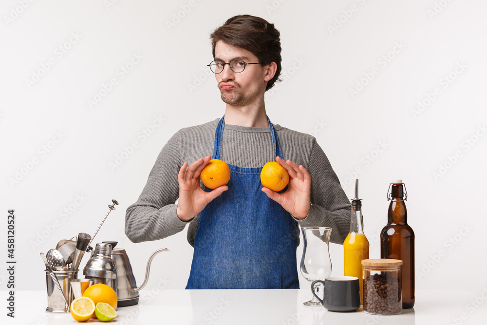 Barista, cafe worker and bartender concept. Portrait of funny silly ...