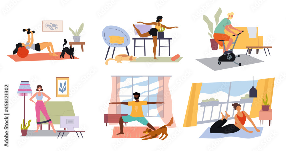 Set of scenes with male and female characters are working out at home ...