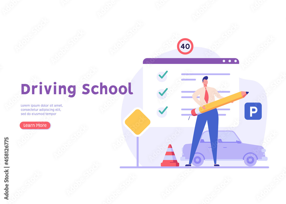 Man learning to drive a car on driver course. Auto school test. Concept ...