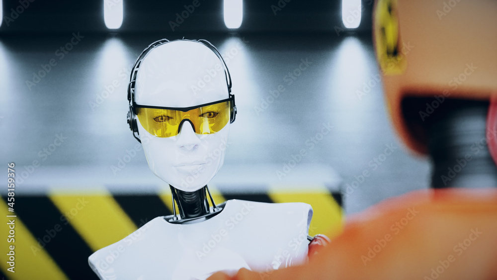 Robot crash test dummy and female robot. Future concept. 3d rendering ...