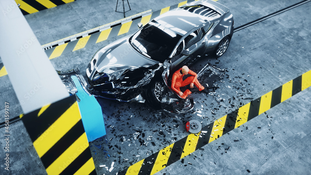 Robot crash test dummy sitting near destroyed car crash test. Future ...