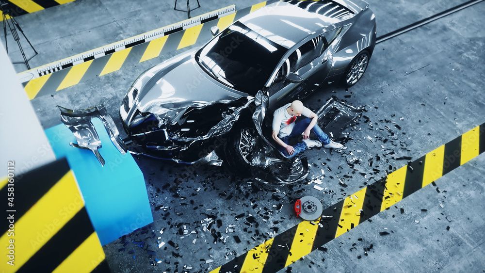 Human crash test dummy sitting near destroyed car crash test. Future ...