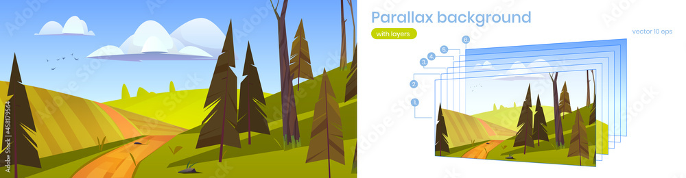 Parallax background, nature rural landscape, cartoon 2d scene with dirt road going along green ...