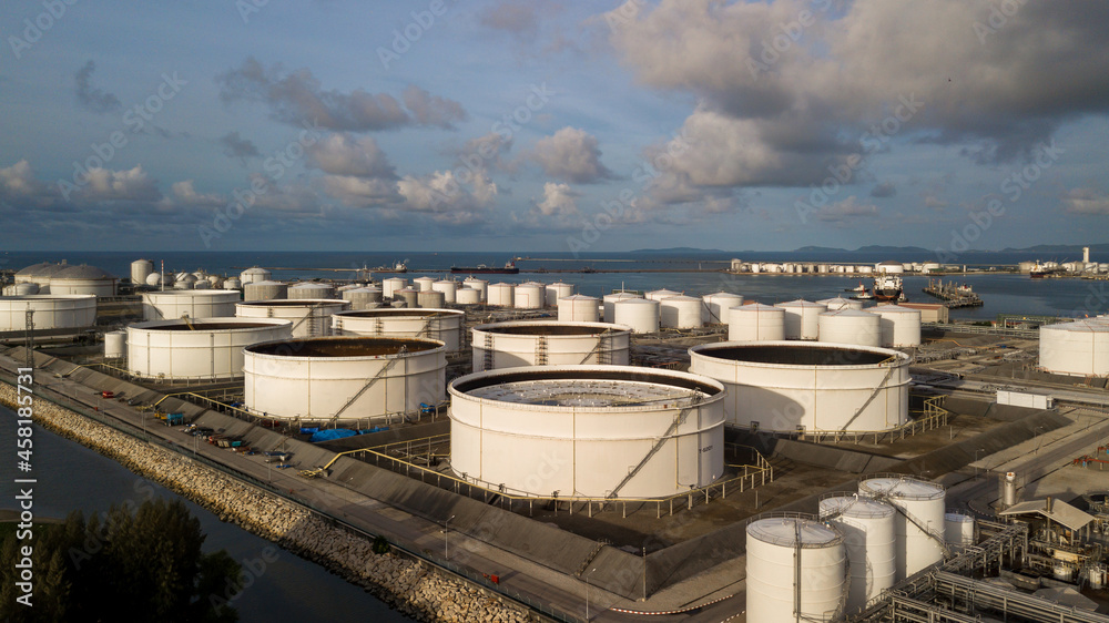 Aerial view storage tank farm at night, Tank farm storage chemical ...