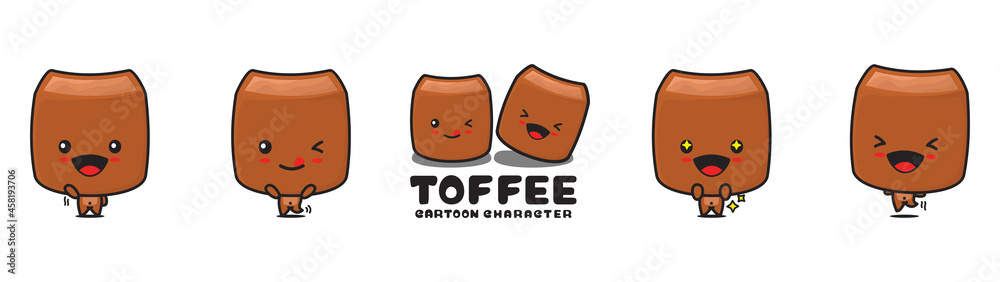 cute toffee mascot, sweet food cartoon illustration, with different ...