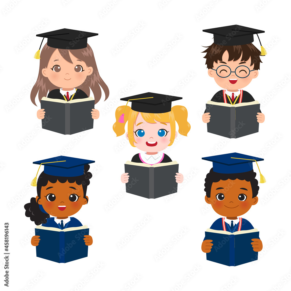 Set of graduation boy and girl reading a book. Flat vector cartoon ...