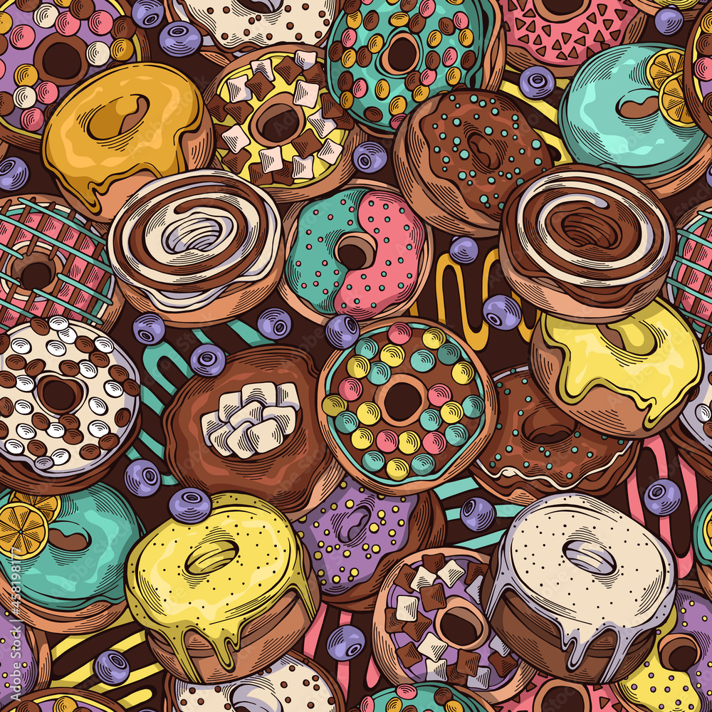 Cartoon hand-drawn donuts seamless pattern. Colorful design for menu ...