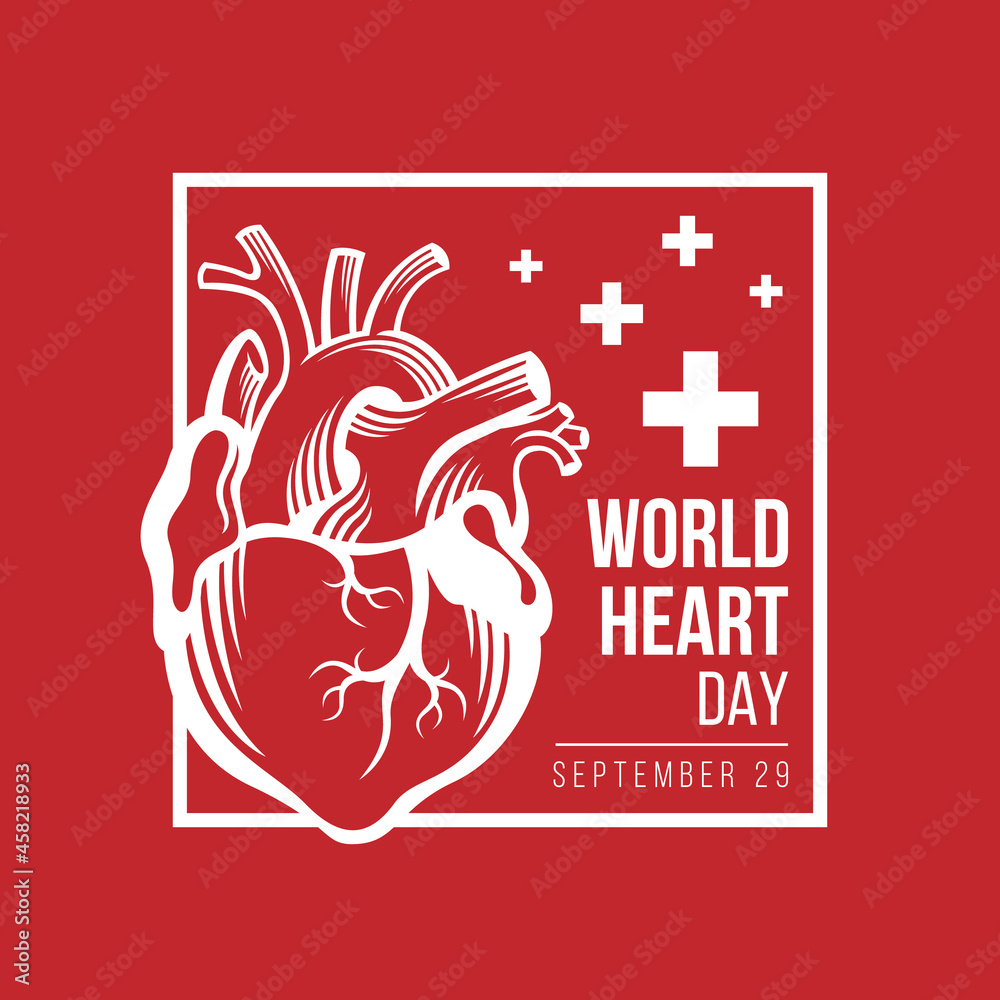 world heart day banner - abstract drawing white human heart and cross ...