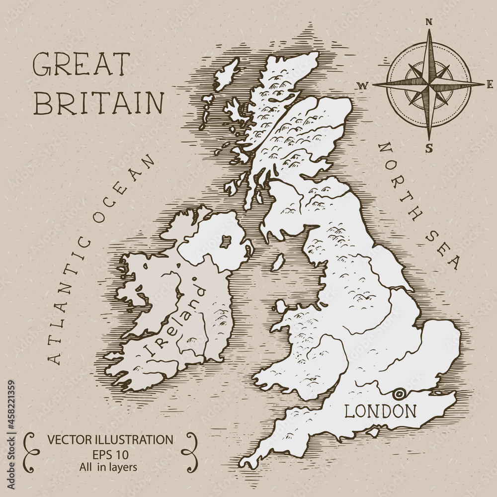 Vintage Map of Great Britain. Hand drawn vector illustration. Stock ...