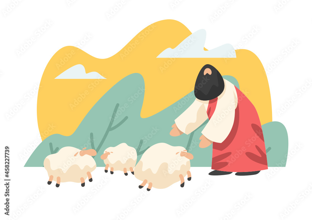Draw cartoon Jesus and lambs as a vector, able to be used with various ...