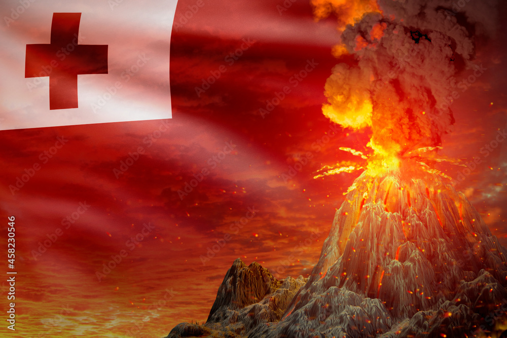 big volcano blast eruption at night with explosion on Tonga flag ...