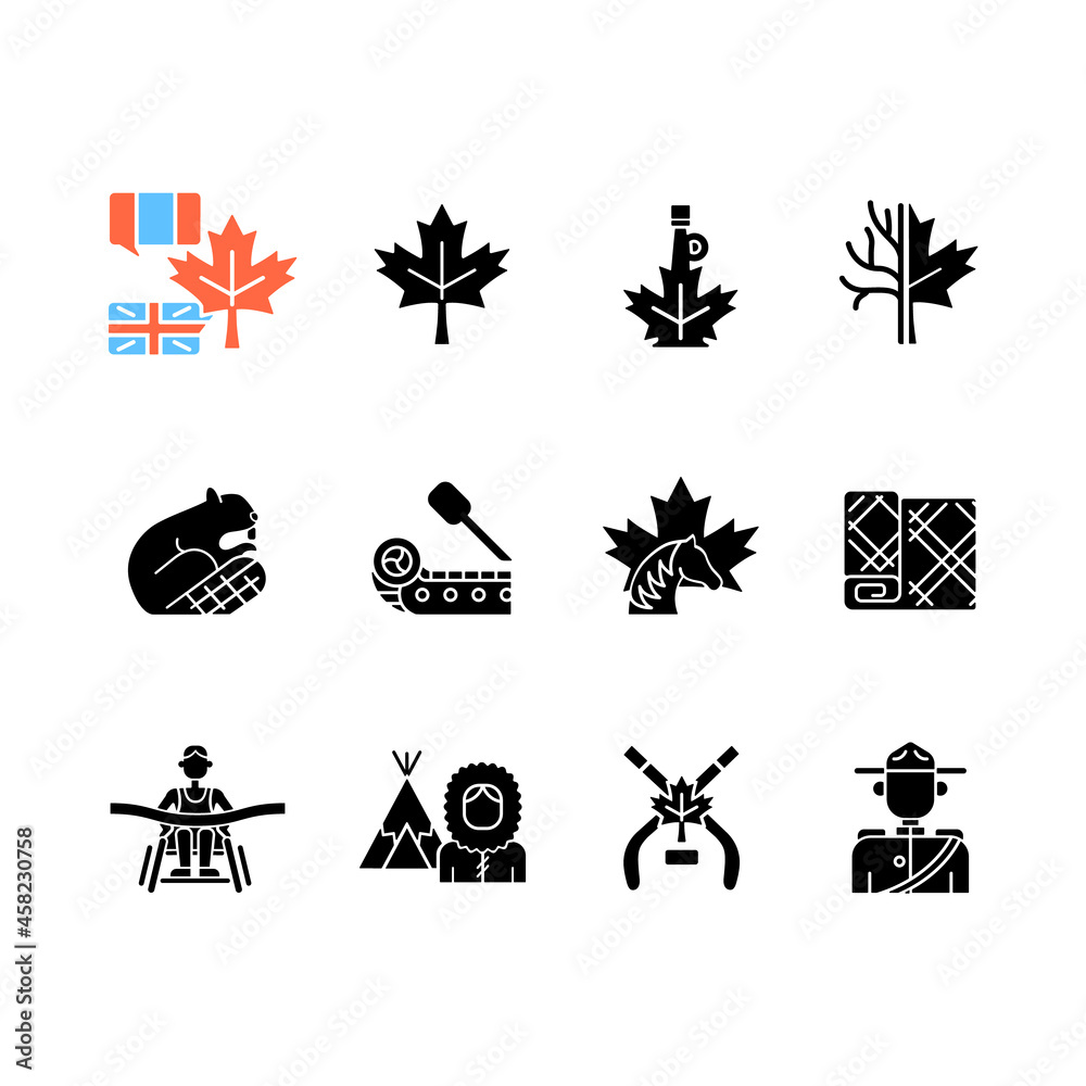 Canadian symbols black glyph icons set on white space. Official ...