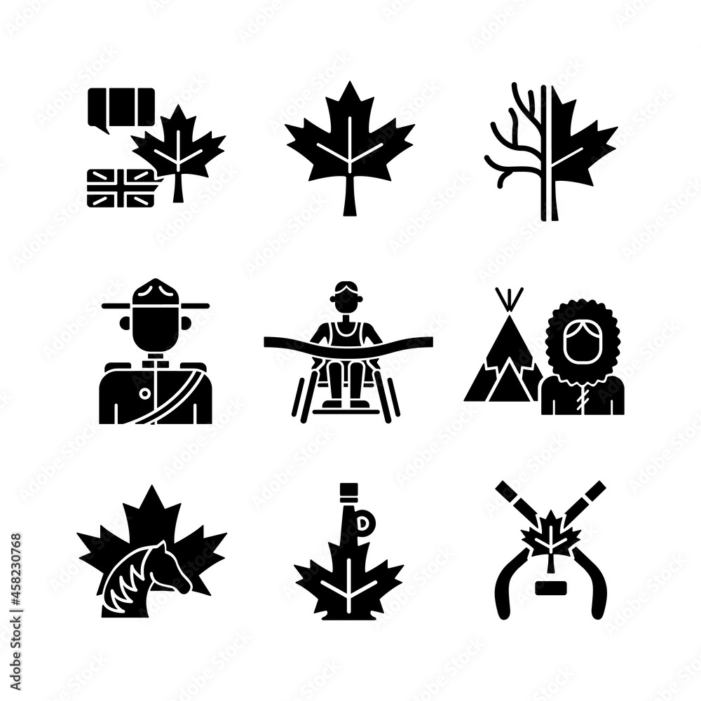 Canadian representation black glyph icons set on white space. Official ...