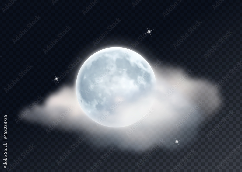 Bright Moon with Clouds on Transparent Background. Realistic Vector ...