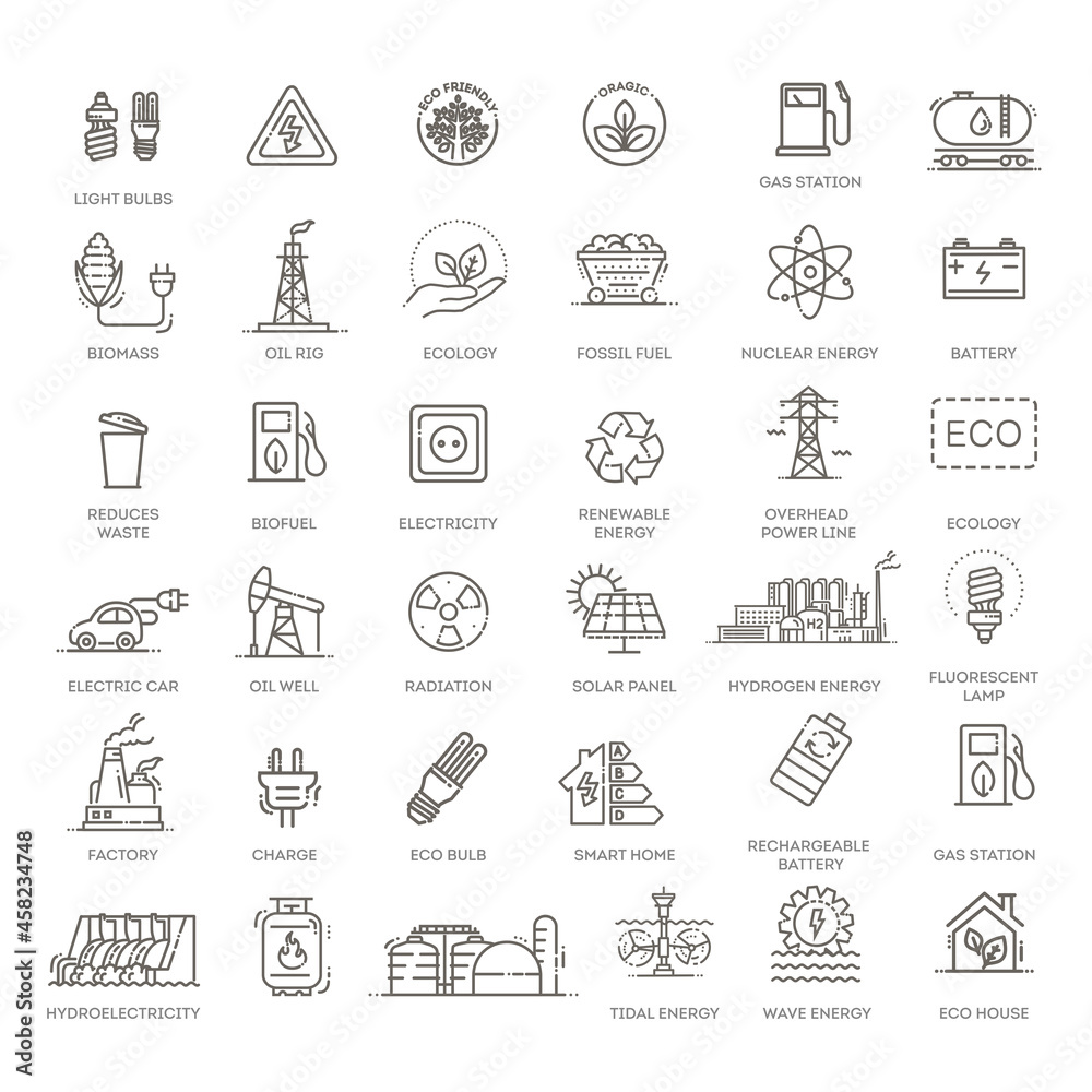 Collection of linear style vector icons on the theme of electric power ...
