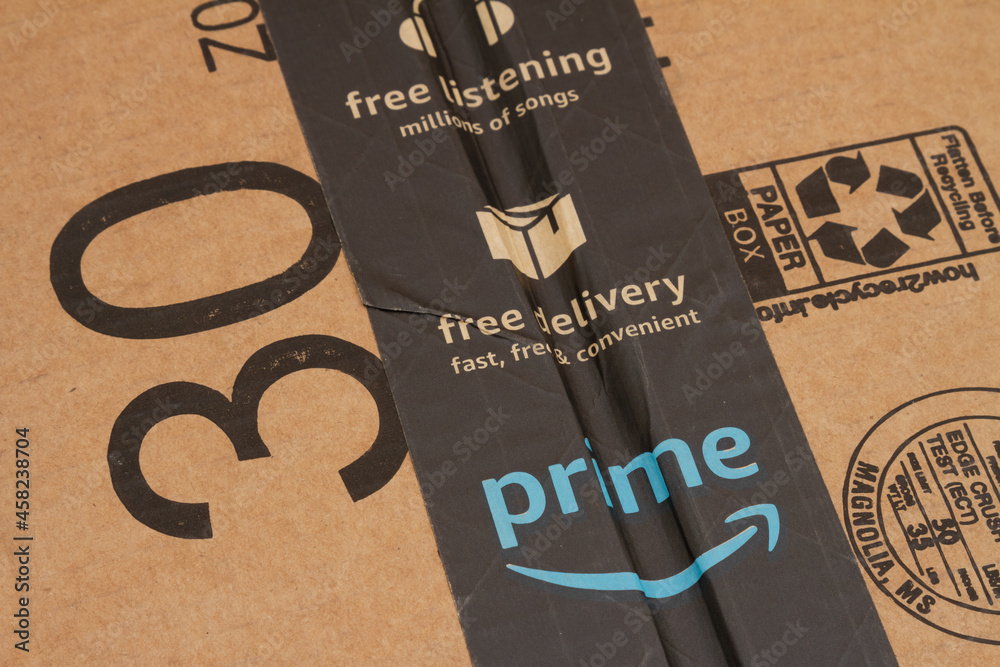 Editorial use only. An Amazon packaging box with prime tape Stock Photo ...
