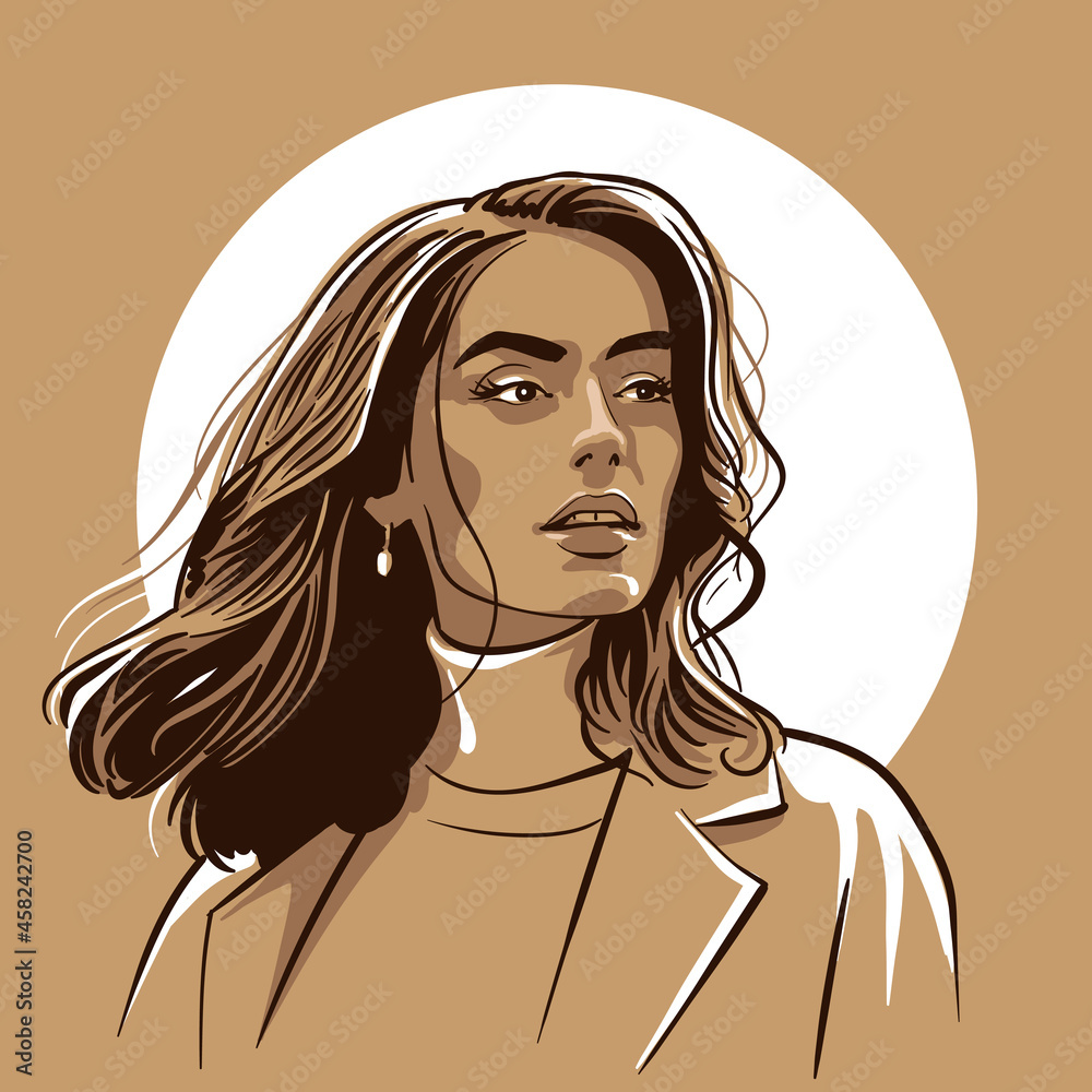 Beautiful Girl Portrait Cartoon Style Digital Sketch Hand Drawing Vector Illustration Stock