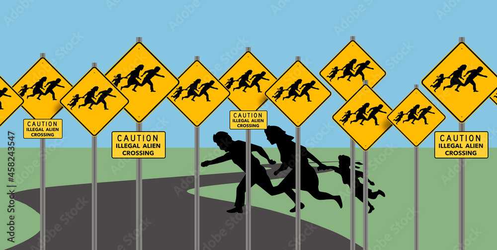Caution illegal alien crossing traffic signs. This is a 3-D ...