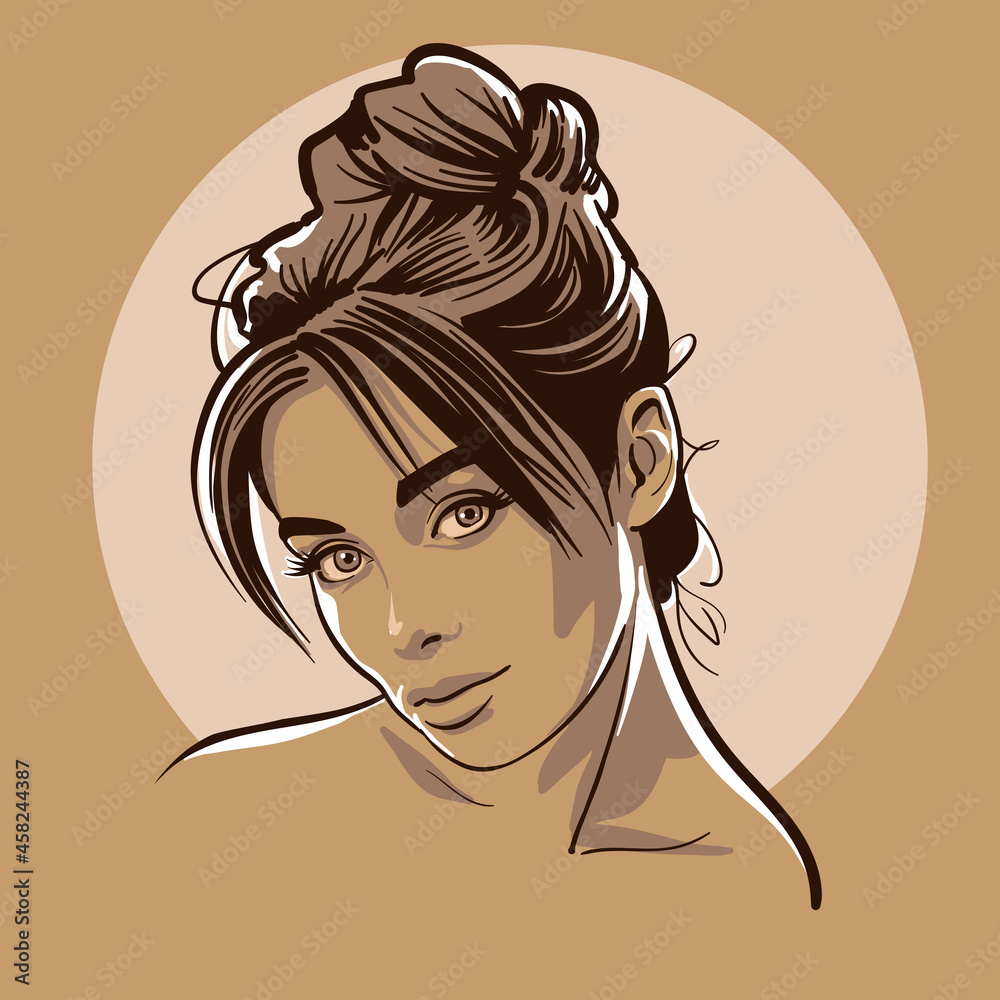 Beautiful girl portrait. Cartoon style. Digital sketch hand drawing ...