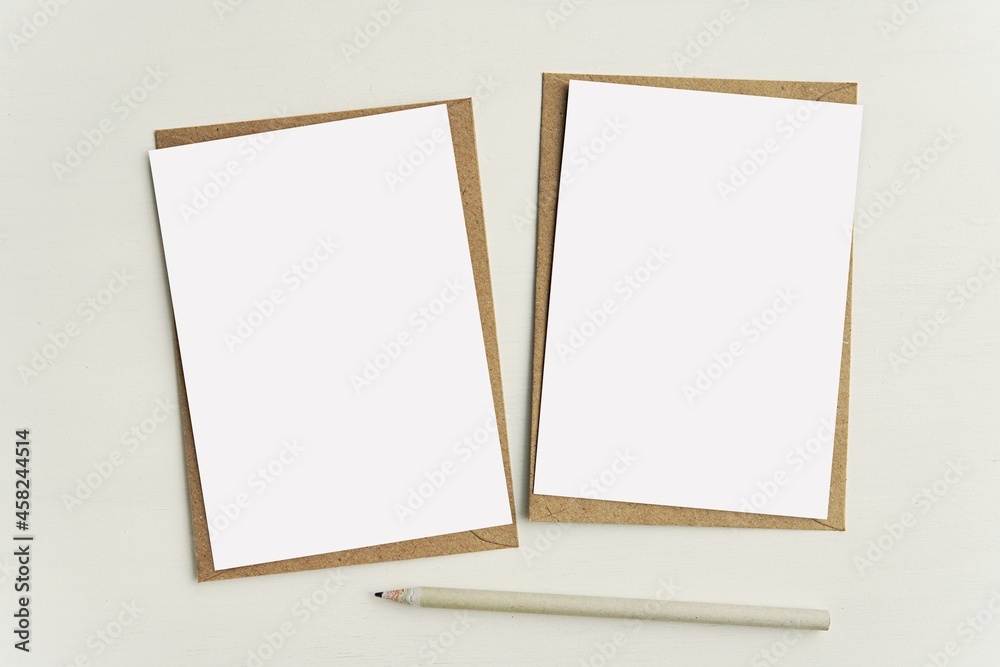 Two empty white notecards on brown kraft paper envelopes, set of 2 ...