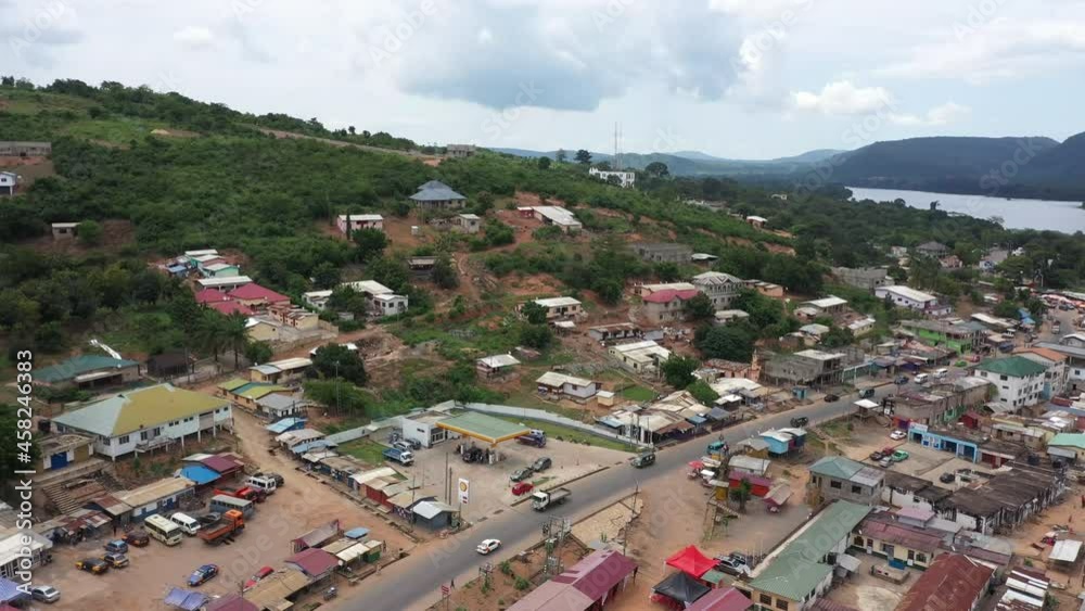 Aerial Adome village buildings Volta river Ghana Africa climb. Main ...