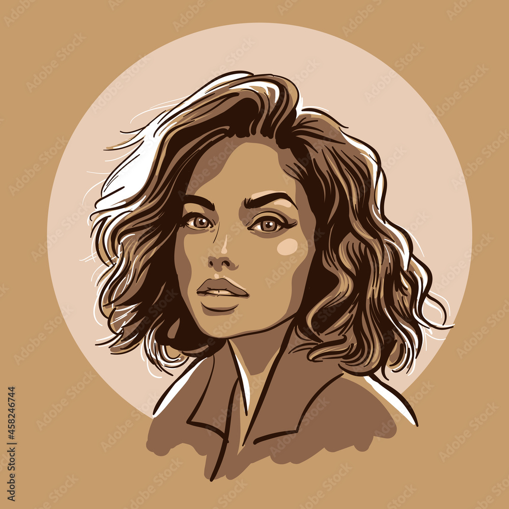 Beautiful Girl Portrait Cartoon Style Digital Sketch Hand Drawing Vector Illustration Stock