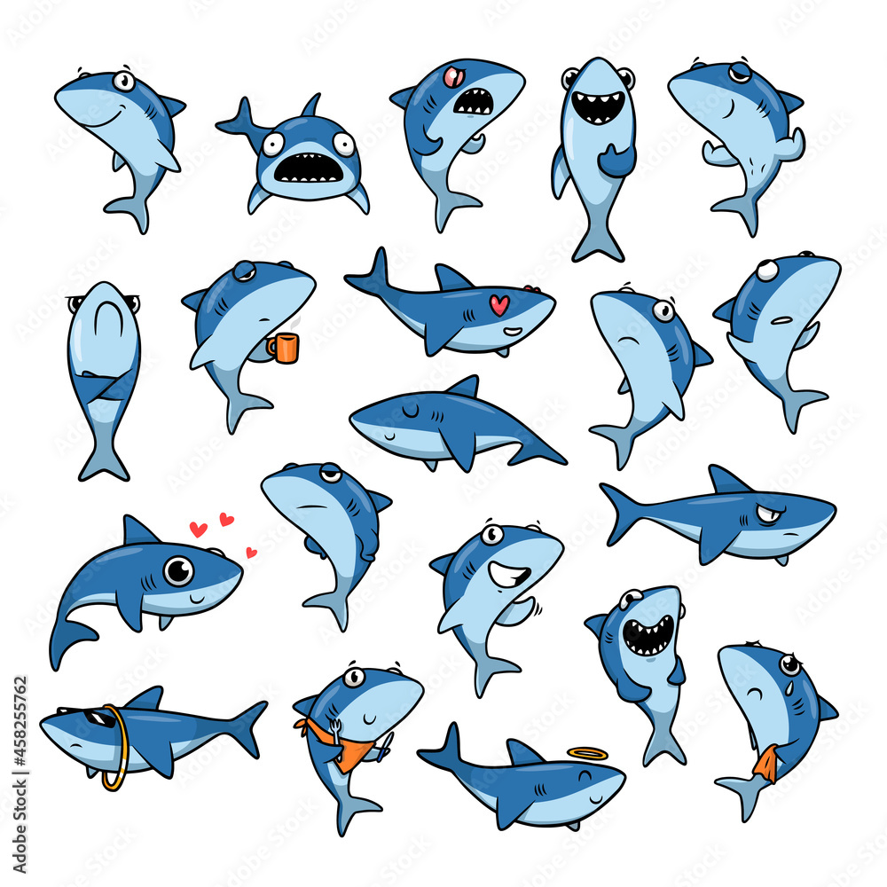 Cute cartoon sharks stickers set. Predatory fish characters with ...