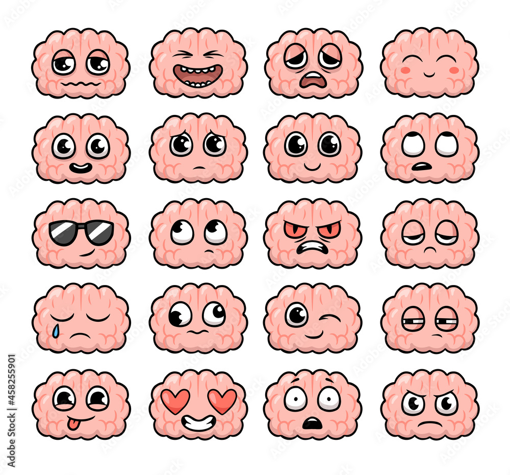 Cute brain cartoon characters set. Vector stickers of brain emoji faces ...