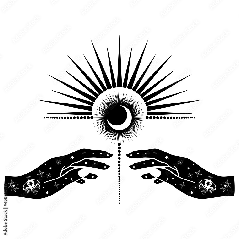 Hand drawn woman hands with Sun, Moon, eye and stars in line art ...
