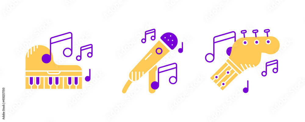 Guitar and guitar neck-strings, microphone, piano and musical notes ...