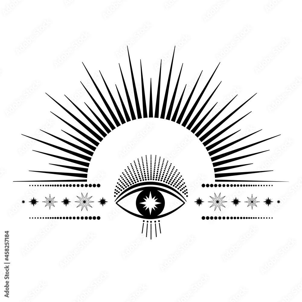 Hand drawn mystical Sun, eye and stars in line art. Spiritual symbol ...