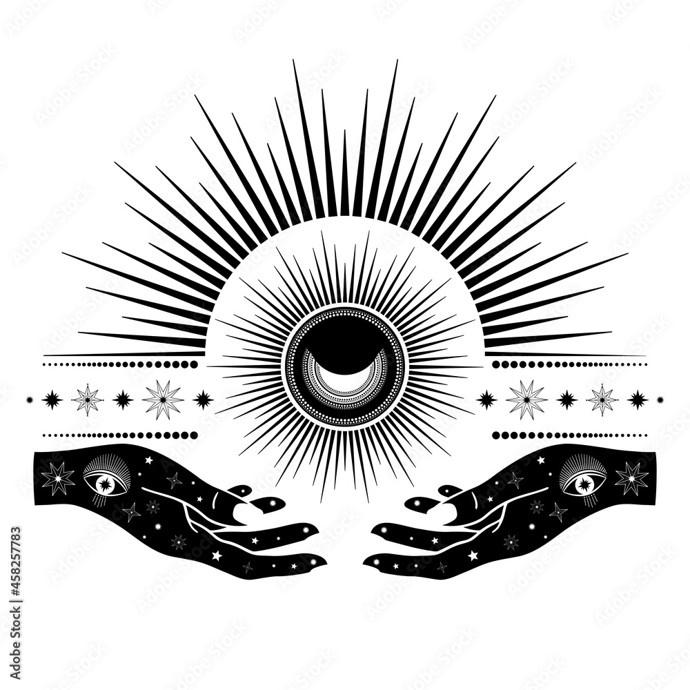 Hand drawn woman hands with Sun, Moon, eye and stars in line art ...