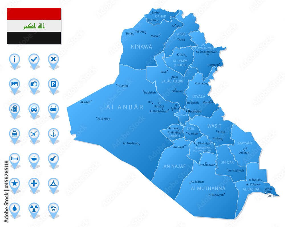 Blue map of Iraq administrative divisions with travel infographic icons ...