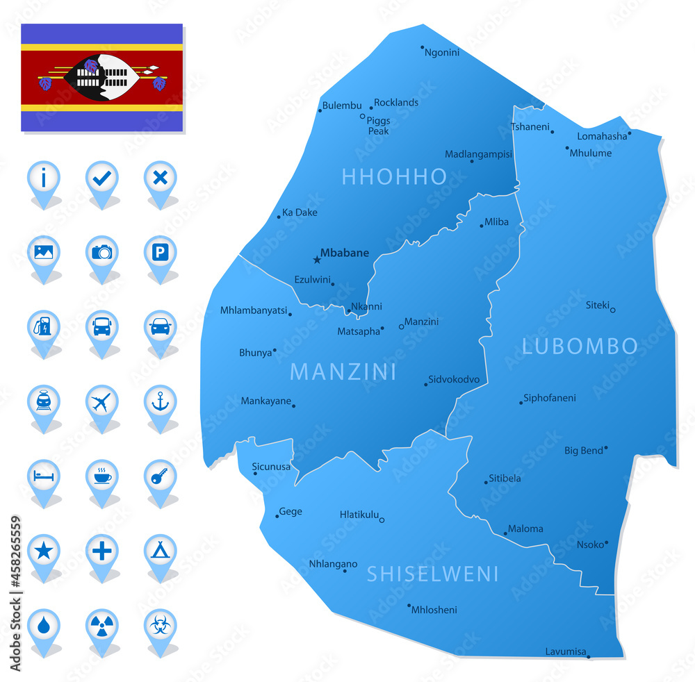 Blue map of Eswatini administrative divisions with travel infographic ...