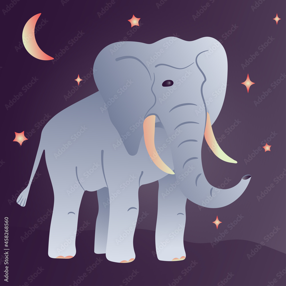 Cute big cartoon elephant on a background of the starry sky. Blue ...