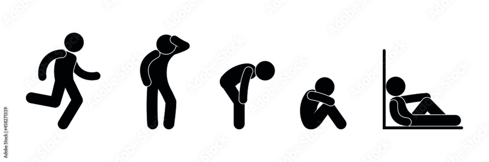 tired man icon, stick figure people resting, isolated human silhouettes ...