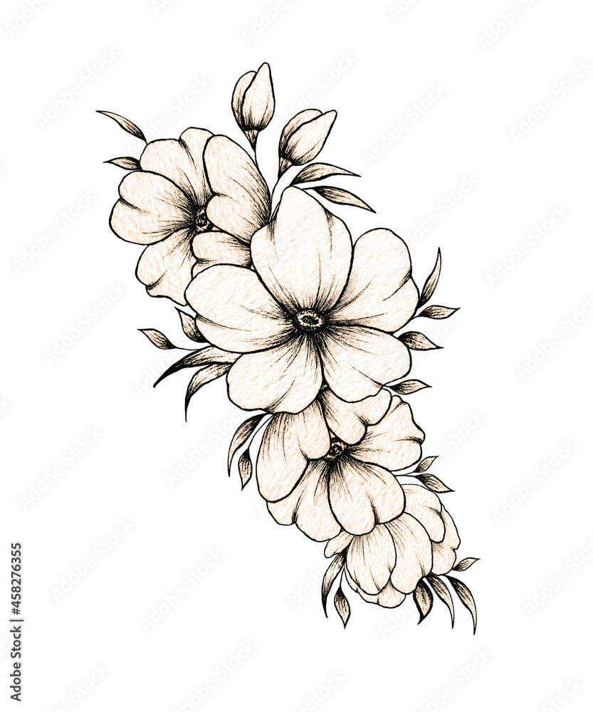 Elegant hand drawn floral composition with various big and small ...