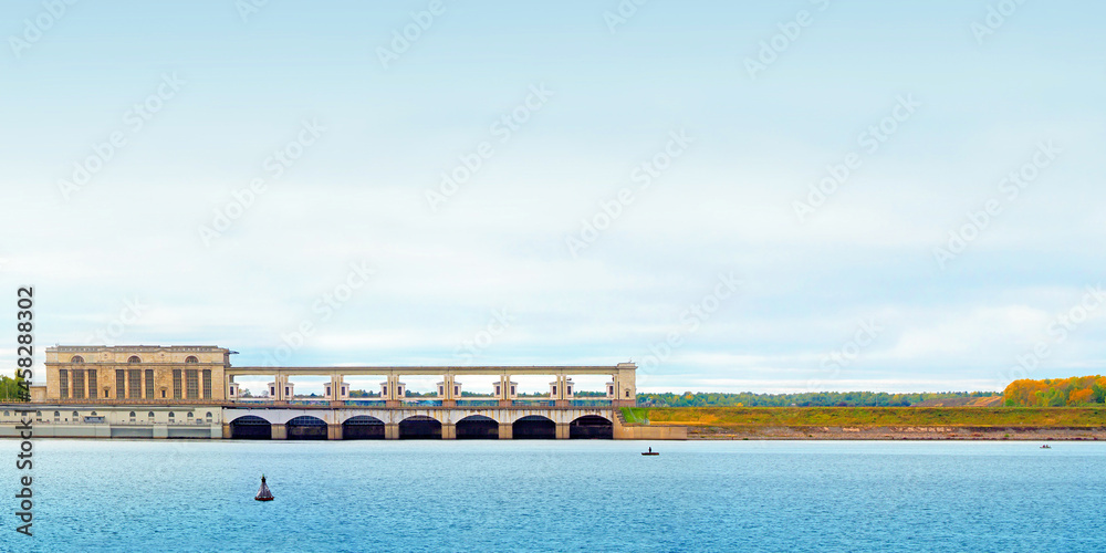 Uglich hydroelectric power station on the Volga river, Russia. Part of ...