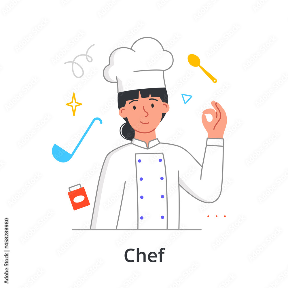 Young female character is enjoing working as a chef on white background ...