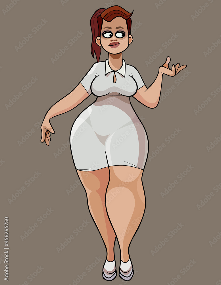 cartoon attractive fat woman in a short light dress imposingly ...