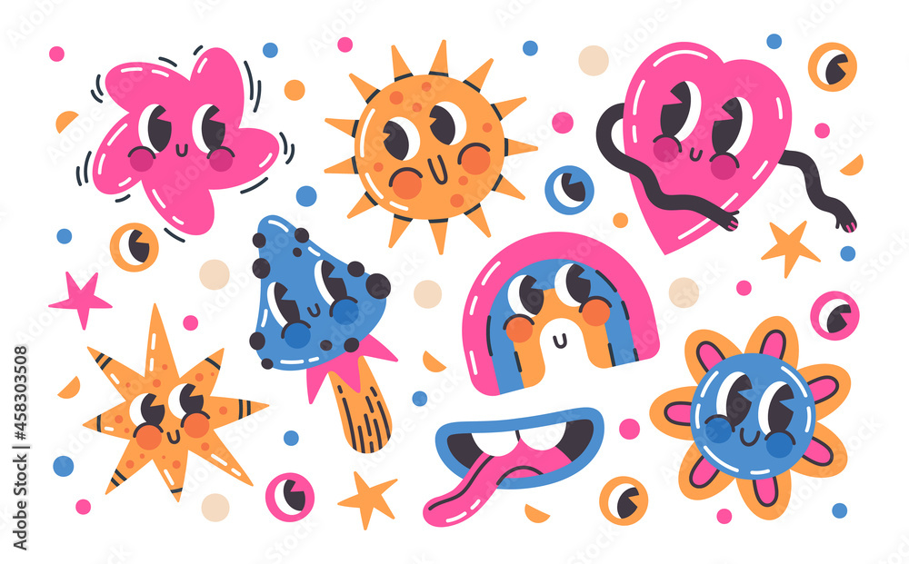 Vecteur Stock Abstract comic emoji characters. Cartoon cute doodle ...