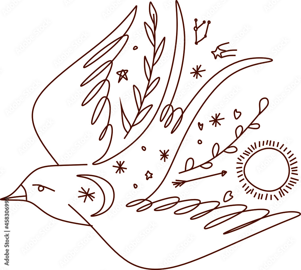 Line art dove. Flying pigeon logo drawing. Black and white vector ...