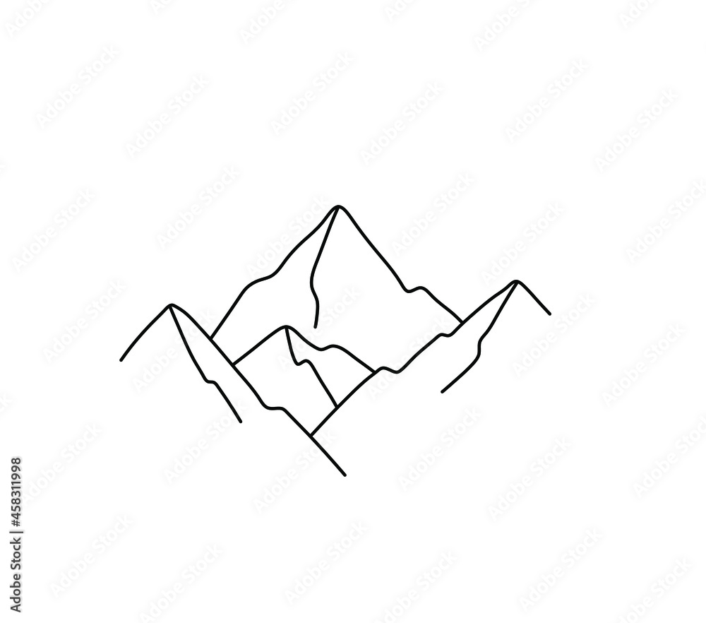 Vector isolated four mountain peaks contour black line drawing ...