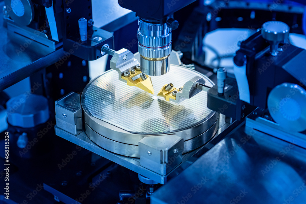 Close up of examining of test sample of microprocessor. Microchips ...